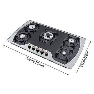 36" Gas Cooktop LPG/NG, 5 Burners Gas Stove Gas Hob Stovetop, Built-in Gas Stove Top, Thermocouple Protection, Stainless Steel Gas Hob with Power Boil, Simmer, Continuous Grates, 5 Burner Silver