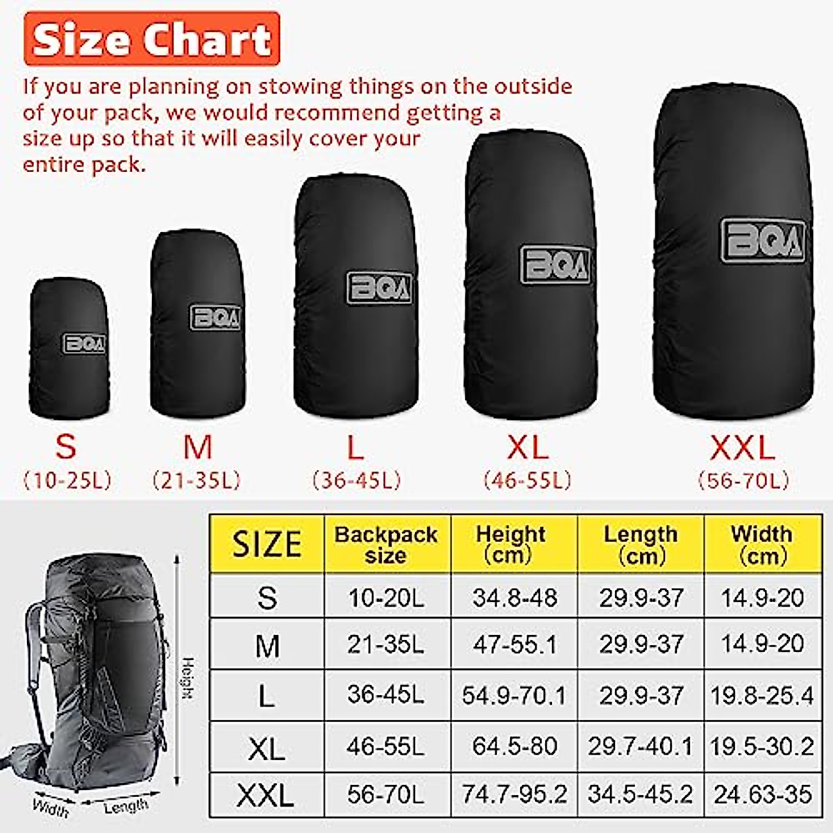 BQA Backpack Rain Cover Waterproof Rating 5000mm with Adjustable Anti Slip Buckle Strap Upgraded Coating Reinforced Inner Layer, Integrated Carry Pouch Design for (10-70L) Hiking Camping Traveling