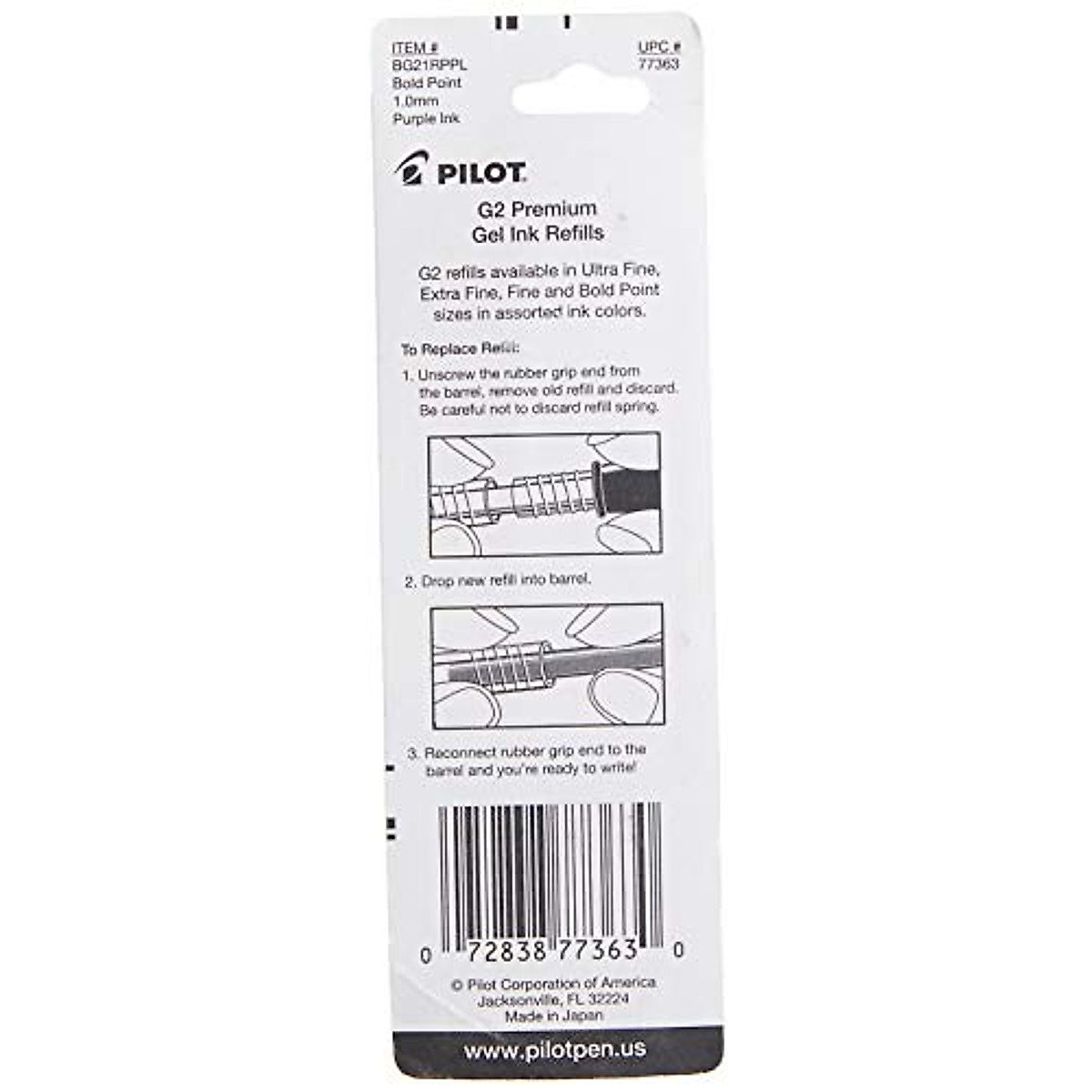 PILOT G2 Gel Ink Refills For Rolling Ball Pens, Bold Point, Purple Ink, 2-Pack (77363)