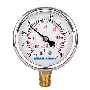 MEASUREMAN 2-1/2" dial,Glycerin Filled, Stainless Steel case, Brass Inside, 30inHg/-100kpa-0-30psi/200kpa,1/4"NPT Lower Mount