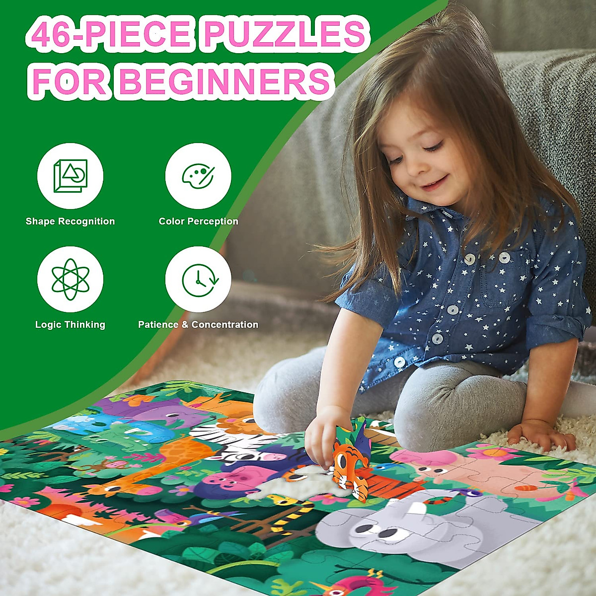 TAOZI&LIZHI Jumbo Jigsaw Puzzles, Jungle Animals, Large Floor Puzzle for Kids Ages 3-5, 4-8, Christmas Toddler Puzzles with Hand-held Gift Box, Preschool Learning & Education Toys(46 pcs, 2 x 3 feet)