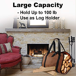 Firewood Carrier Log Bag Waxed Canvas Log Tote Bag for Indoor Fireplace Log Holders with Handle Large Fire Wood Carriers for Outdoor Fire Pit Fireplace Wood Stove Accessories Log Bag