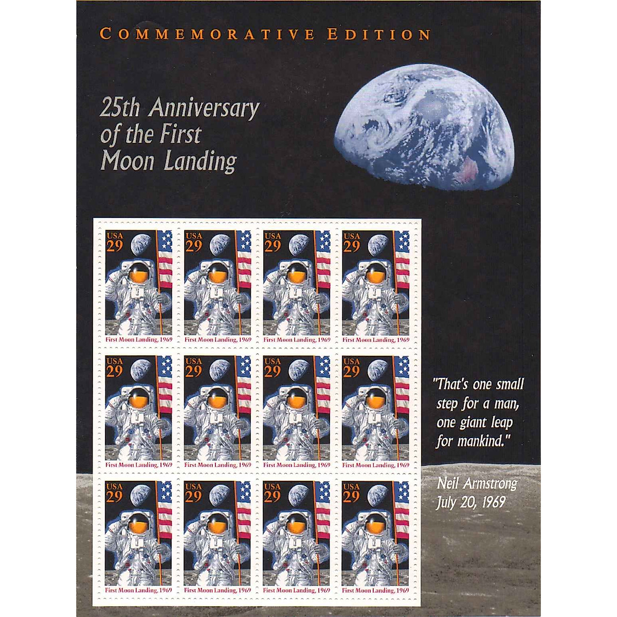 25th Anniversary of the First Moon Landingsheet of 12 29 Cent Stamps Scott 2841