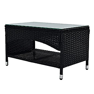 SAWQF 4PCS Patio Furniture Outdoor Garden Conversation Set Black Wicker 2 Armchairs+1 Double Sofa+1 Table w/Green Cushion