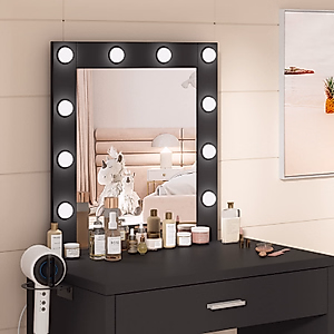 Titoni Makeup Vanity Desk with Mirror and Lights, Black Vanity Table and Chair Set, Brightness Adjustable, Small Vanity for Girls' Bedroom