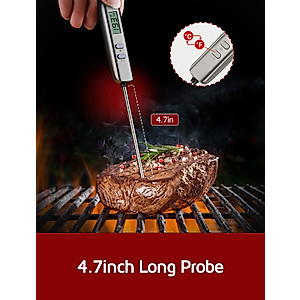 YaungBass Digital Meat Thermometer, Instant Read Cooking Food Thermometer with 4.7in Long Probe for Grill Candy, Kitchen Thermometer for BBQ Smoker Oven Oil Milk Yogurt, 1-Silver