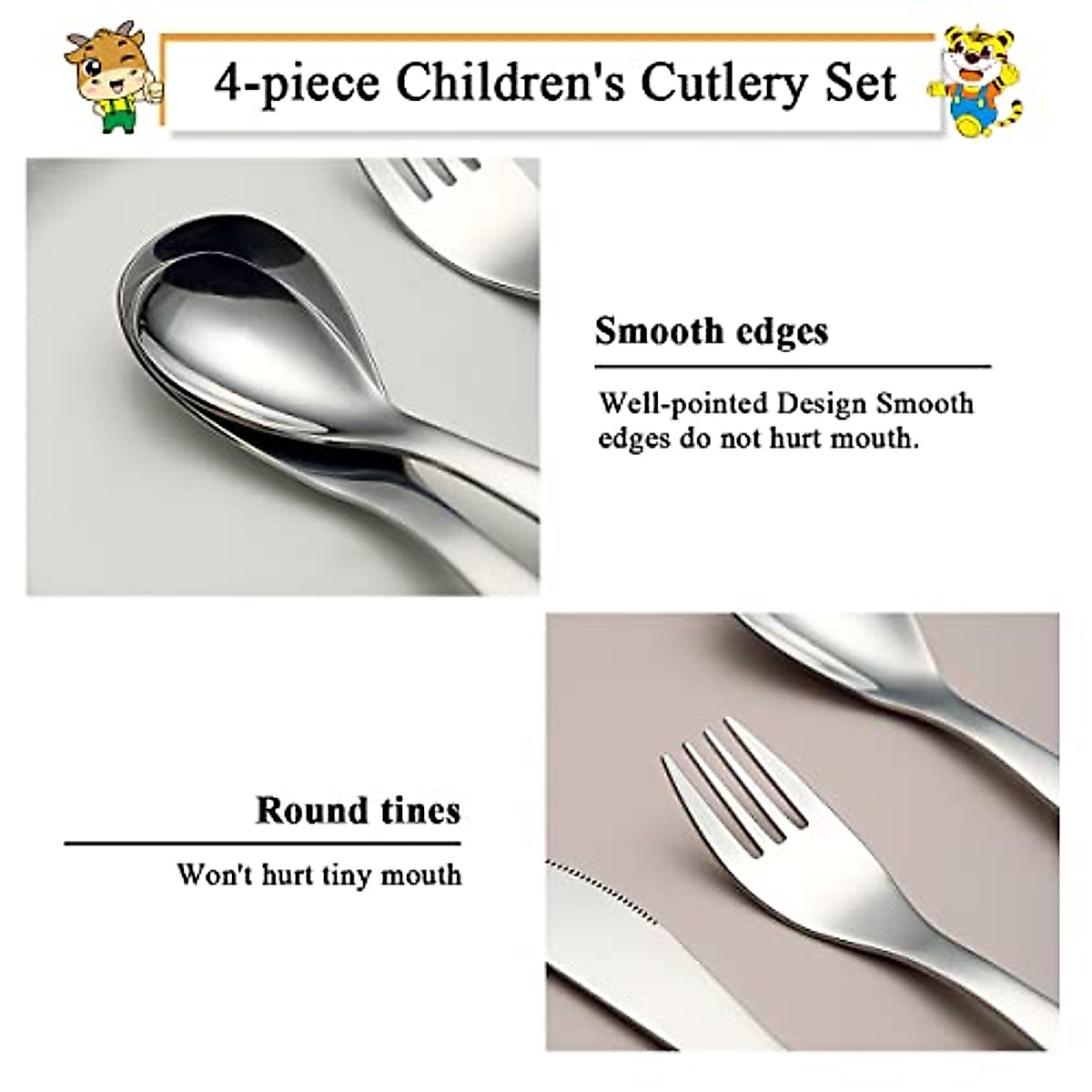 Berglander Toddler Utensils 4 Pieces Stainless Steel Kids Silverware Set, Children Safe Forks and Spoons Flatware, Mirror Polished Smooth Round Edage Cutlery Sets, Dishwasher Safe