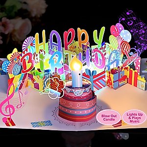 Yinqing Birthday Gift Cards, Light and Music Happy Birthday Card, 3D Pop Up Birthday Card with Blowable Candle for Women Men Kids Husband Wife Mom Dad Daughter.