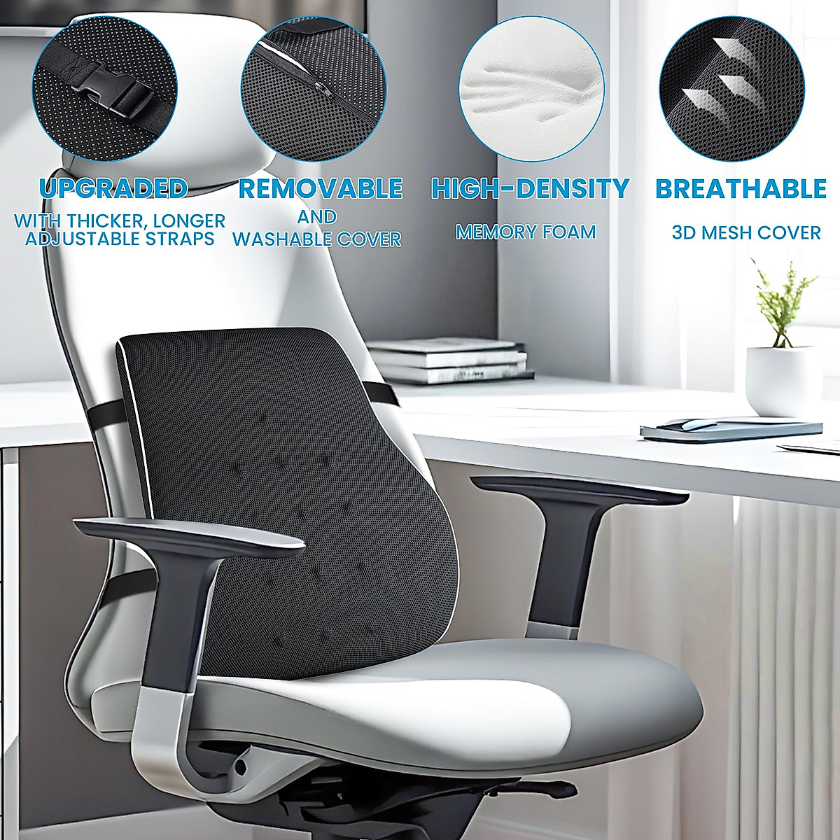 Lumbar Support Pillow for Office Chair Back Support Pillow for Car, Computer, Gaming Chair, Recliner Memory Foam Back Cushion for Back Pain Relief Improve Posture, Mesh Cover Double Adjustable Straps