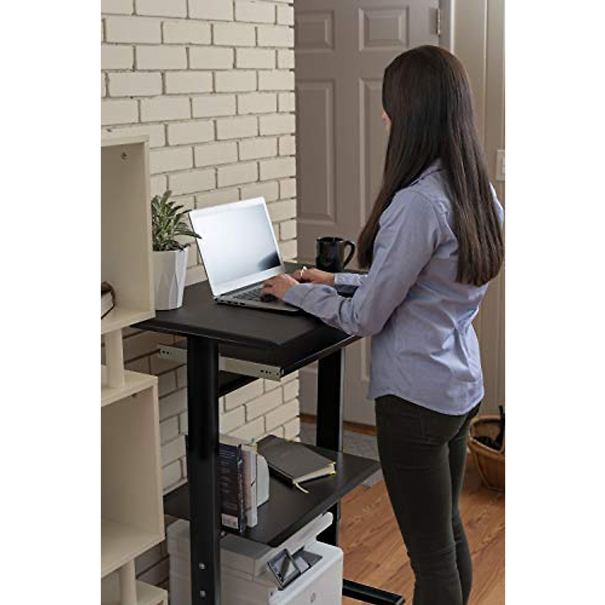 Stand Up Desk Store Mobile Rolling Adjustable Height Standing Workstation with Printer Shelf and Slideout Keyboard Tray (Black Frame/Black Top, 30" Wide)