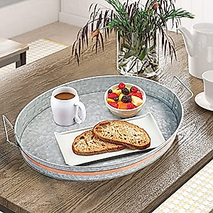 LotFancy Galvanized Metal Serving Tray with Handles, 17 x 12 inch Oval Rustic Decorative Tray with Copper Trim, for Coffee Table, Party, Home, Christmas Décor, Farmhouse Centerpiece