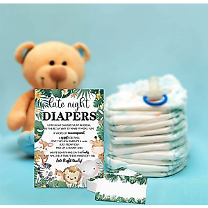 Late Night Diapers Sign, Safari Note Cards Diaper Thoughts, Late Night Diaper Baby Shower Game Set(1 Standing Sign + 20 Blank Greeting Cards), Jungle Baby Shower Party Favor Decor - A03