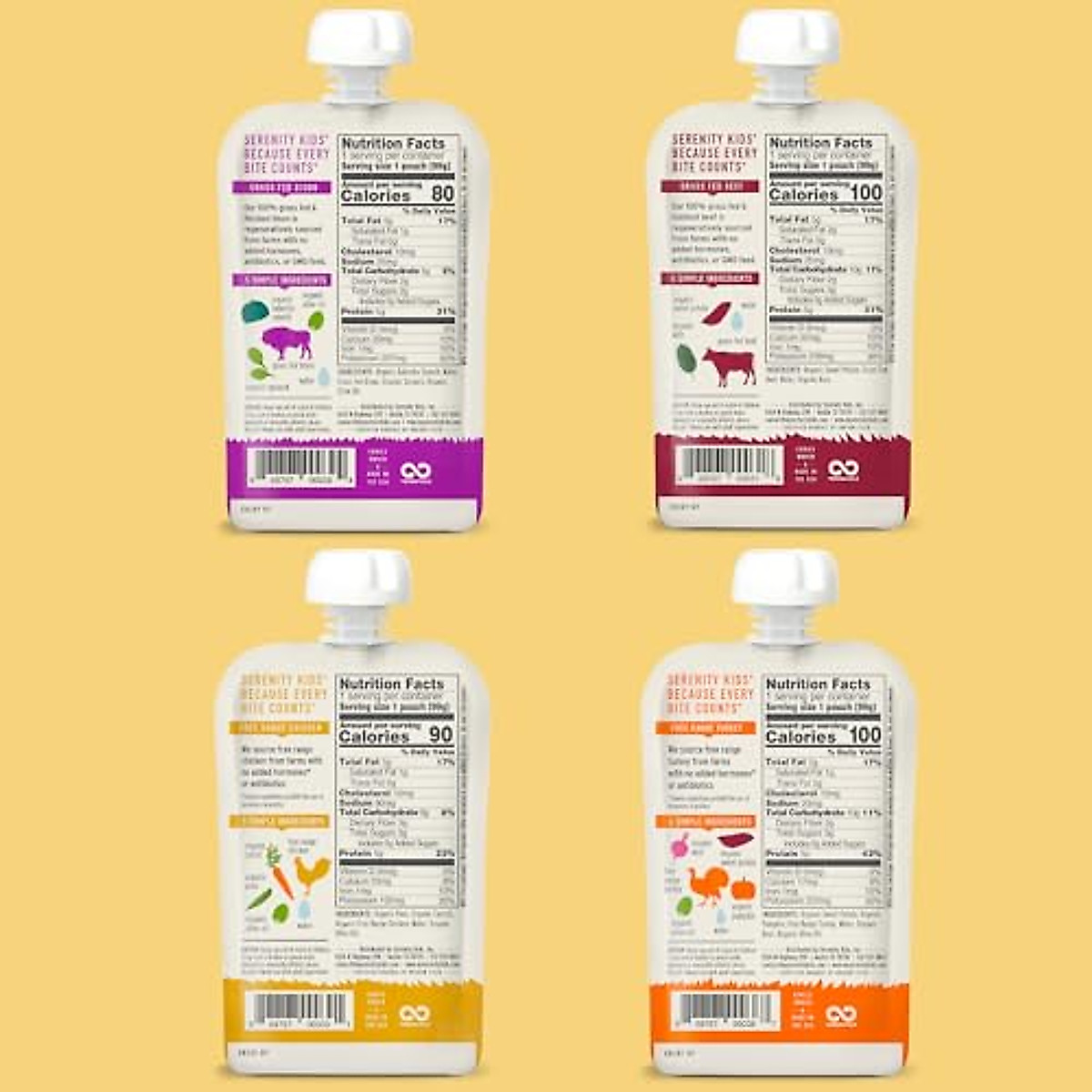 Serenity Kids 6+ Months Baby Food Pouches Puree Made With Ethically Sourced Meats & Organic Veggies | No Sugary Fruits or Added Sugar | Allergen Free | 3.5 Ounce BPA-Free Pouch | Variety Pack | 8 Count
