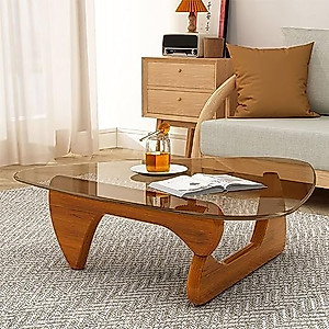 Triangle Glass Coffee Table-Mid-Century Modern End Table Solid Wood Base and Vintage Tempered Transparent Glass Top Coffee Tables Living Room Balcony (Walnut/Brown, Medium 35.8 * 25.5 * 16in)