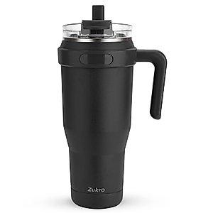 Zukro 50 oz Mug Tumbler With Handle And Flip Straw, Leakproof Vacuum Insulated Stainless Steel Cup Water Bottle with 2-in-1 Lid,Large Travel Mug, Fit in Cup Holder, Keeps Cold for 30 Hours, Black
