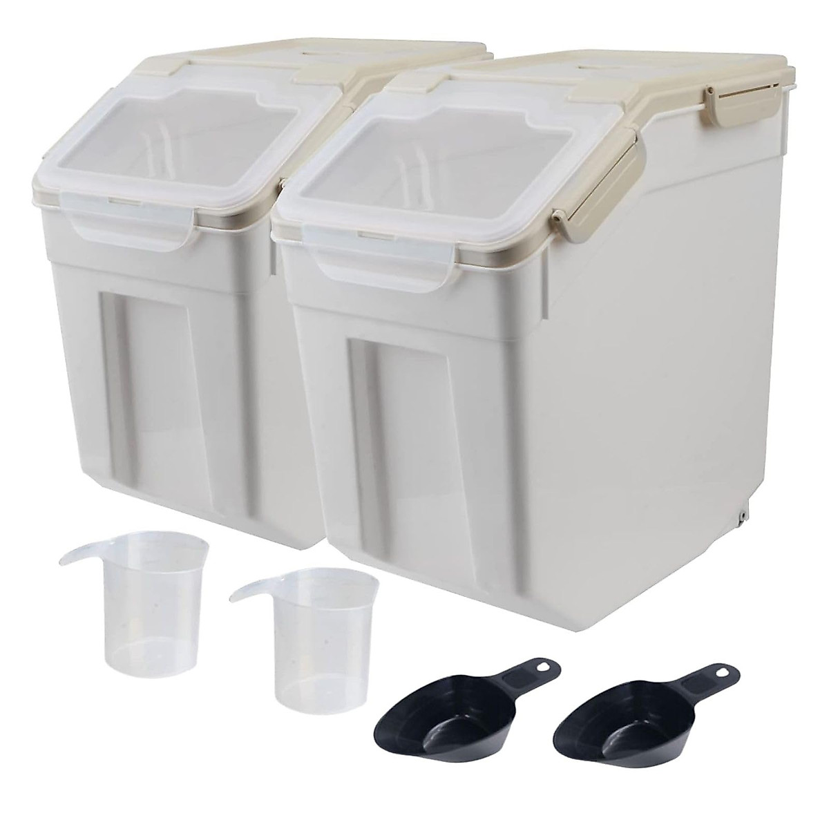 2 Pack Rice Container 25 lbs, 15KG Airtight Flour Storage Containers Bin with Wheels Seal Locking Lid, BPA Free, Measuring Cup & Scoop, Grain Container for Bulk Sugar, Cereal, Beans (Grey)