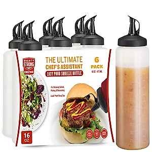 MIGHTY STRONG 16 OZ Condiment Squeeze Bottles for Sauces - Squirt Bottles for Liquids, Easy Pour Sauce Bottles with Leak Proof Snap Cap, Condiment Bottles, Plastic Squeeze Bottles (Classic, 6, Count)