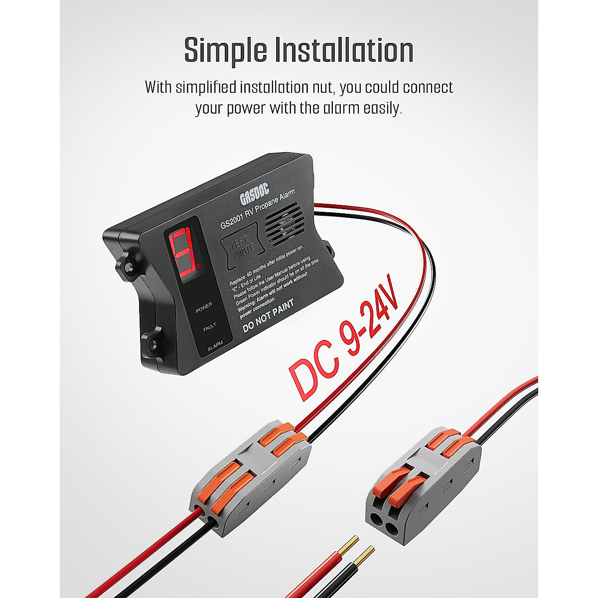 RV Propane Gas Detector, GasDoc Propane Gas Detector with 85dB Audible & Visual Alarm, for Natural Gas or Propane in RV or Motorhome, DC 12V, 3 Brackets (Long & Short, Surface & Flush) - Black