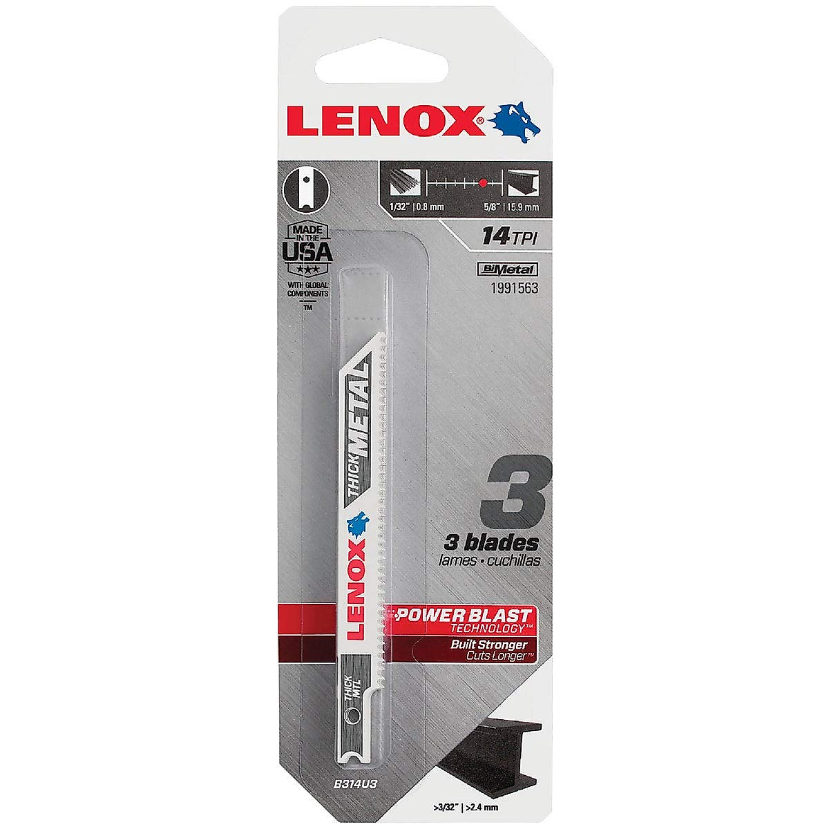 LENOX Tools 1991563 U-Shank Thick Metal Cutting Jig Saw Blade, 3 5/8" x 3/8" 14 TPI, 3 Pack