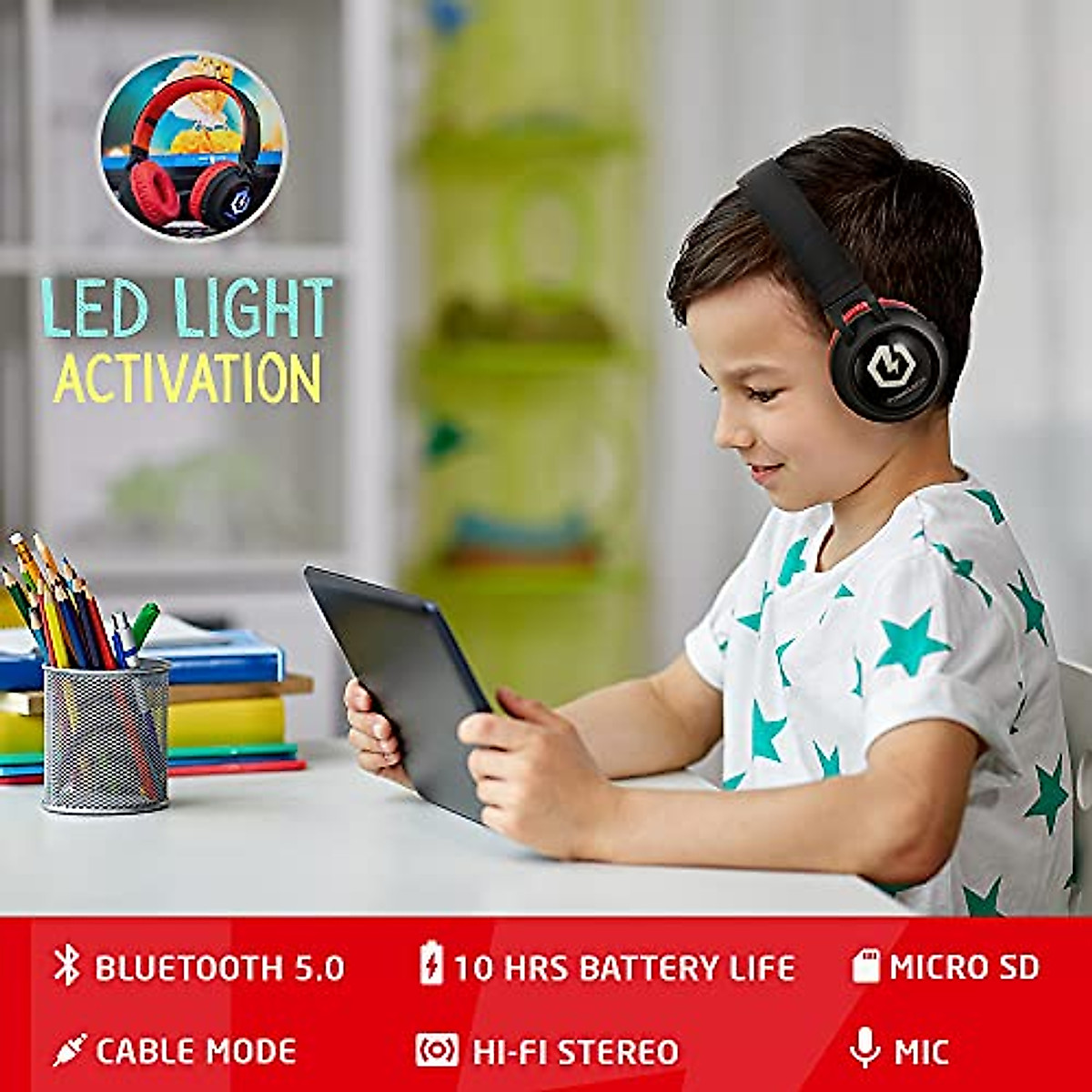 PowerLocus Bluetooth Headphones for Kids, Wireless Bluetooth Headphones, Kid Headphones Over Ear with LED, Foldable Headset with Mic,Volume Limited, Wireless/Wired Headphone for Phones,Tablets,Laptop