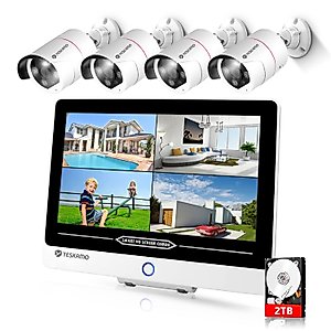 YESKAMO 5MP PoE Security Camera System, 4pcs Wired Outdoor Cameras with 12'' IPS Monitor, 8CH NVR with 2TB HDD for 24-7 Recording, Floodlight 2 Way Audio Spotlight, AI Human Detection