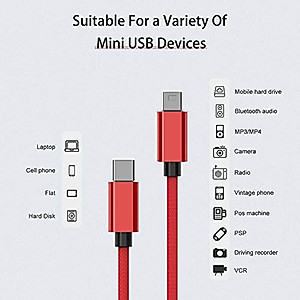 Mini USB to Type C Cable, Ancable 3-Feet USB Type C to Mini 5-Pin Cable Charging Cord Support Sync Data for Compatible with Digital Camera, MP3 Player, GPS Receiver and More Mini B Devices - Red
