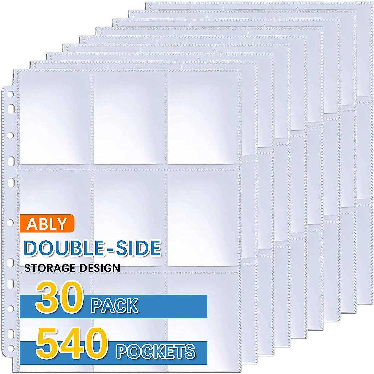 ABLY 540 Pockets Double-Sided Trading Card Pages Sleeves 9-Pocket Clear Plastic Game Card Protectors for Skylanders, Pokemon, Baseball Cards and More, Fit 3 Ring Binder (30 Pages)