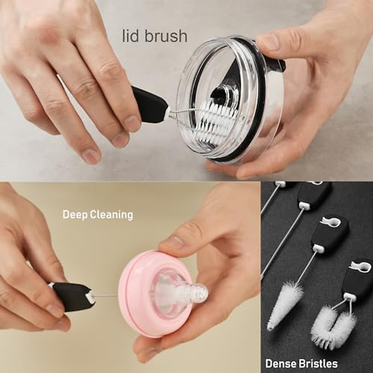 ALINK 5 Pack Water Bottle Brush Cleaning Set with Holder, Bottle Cleaner with Stand, Straw Brush, Nipple Brush, Lid Brush for Stanley 40OZ/30OZ Tumblers, Drinking Glass, Baby Bottles, Jugs - Black