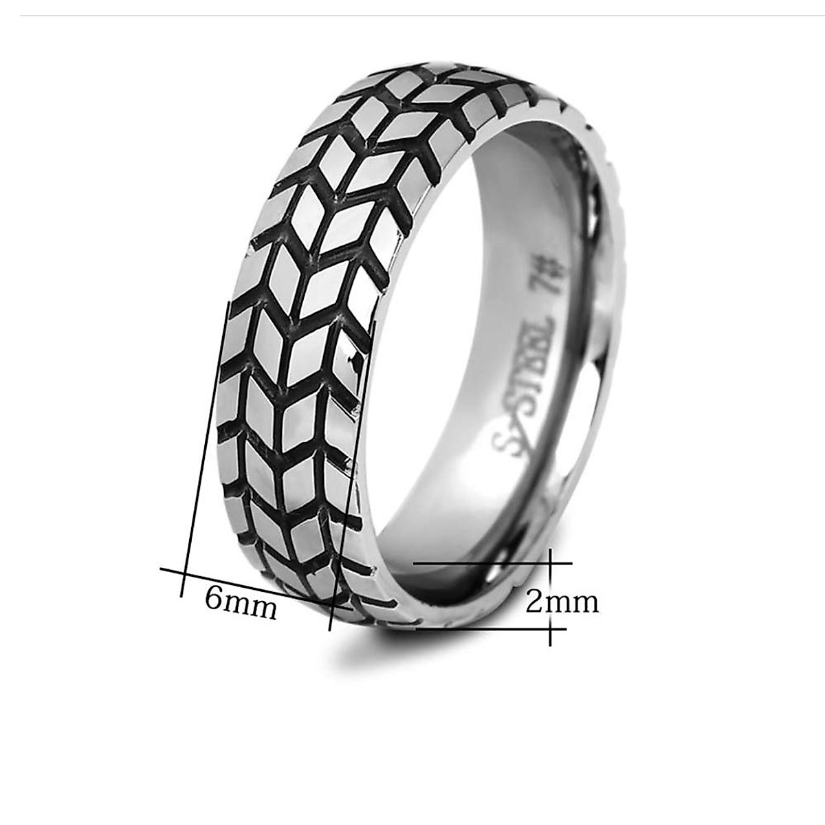 Emma Manor EM Titanium Steel Ring 6mm Width Tire Tread Grooved Wedding Ring for Men Women,Size 7-12 with Jewelry Box (Titanium Steel, 12)