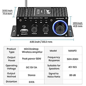 Moukey Mini amplifier home audio Bluetooth 5.0 for speakers- 50W 2 Channel Power Audio Receiver FM USB, AUX, with Remote Control, Power Supply for Car Home use, Tablets, Phones, Computers - MAMP2