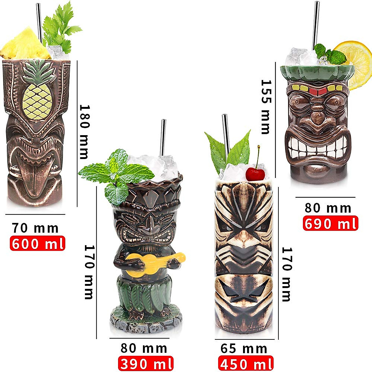 SuproBarware Tiki Mugs Set of 4– Ceramic Hawaiian Party Mugs Large Drinkware, Tiki Bar Mugs for Cocktails, Tropical Cups Drinks for Exotic Party - TJB02 (4pcs)