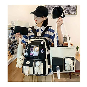 Kawaii Backpack 5Pcs Set Aesthetic School Bags 17in Cute Bookbag with Badge&Pendant,Shoulder Bag,Pencil Box,Tote Bag,Small Bag Black