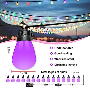 morefulls Outdoor String Lights - 48ft Multi-Color LED Patio Lights Withwith 15 Dimmable RGB LED Bulbs App Control IP65 Waterproof Colorful LED Bulbs