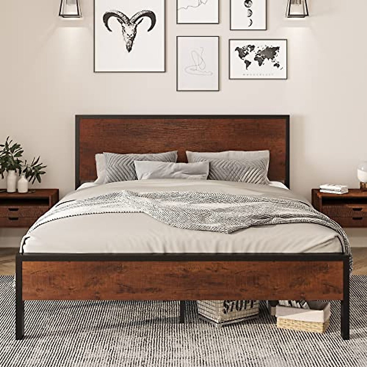 IMUsee Full Size Bed Frame with Wood Headboard and Footboard Platform, Heavy Duty Metal Frame with 12" Under Bed Storage, No Box Spring Needed, Noise Free, Brown