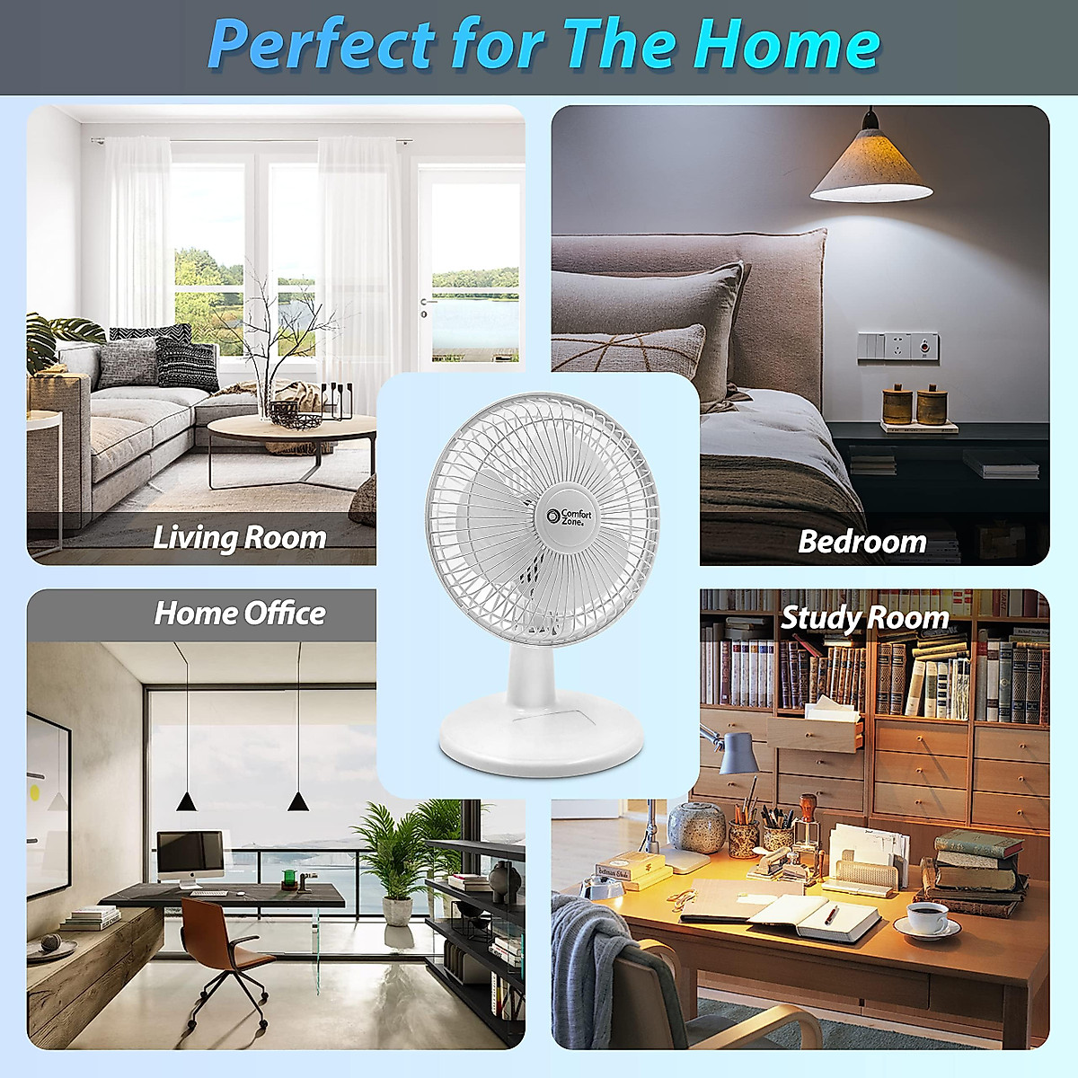 Comfort Zone CZ6D 6" Quiet Portable Indoor 2-Speed Desk Fan with Clip and Fully Adjustable Tilt, White