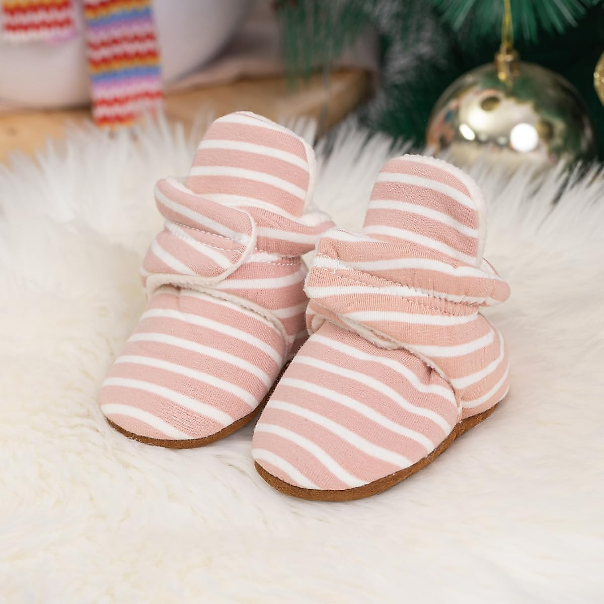 KIDSUN Infant Baby Boy Girl Fleece Bootie Newborn Stay On Slipper Winter Warm Gripper Non-Slip Crib Shoes