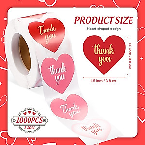 1000 Pieces Heart Thank You Sticker 1.5 inches Valentine's Day Red Pink Label Sticker Adhesive Thank Heart Shaped Sticker Thank Present Tag for Wedding Anniversaries Envelopes Greeting Cards, 2 Rolls