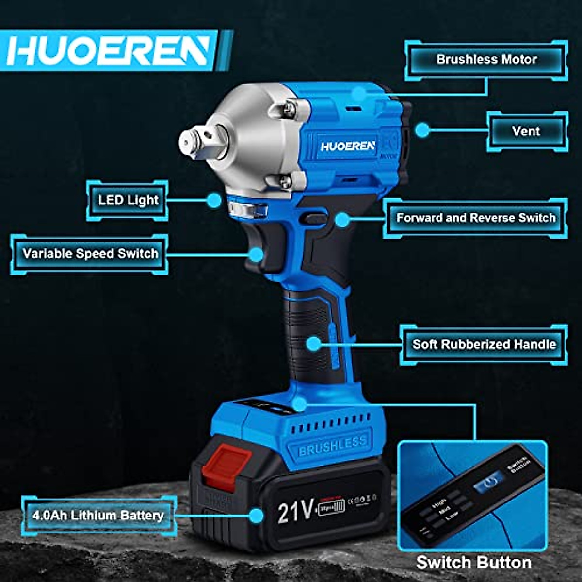 Huoeren Electric Cordless Impact Wrench 1/2 Inch,480Ft-lbs(650N.m) High Torque Battery Impact Wrench,21V Brushless Impact Gun Set with 2x4.0Ah Battery,4 Sockets,4 Drills and 4 Screws for Car & Home