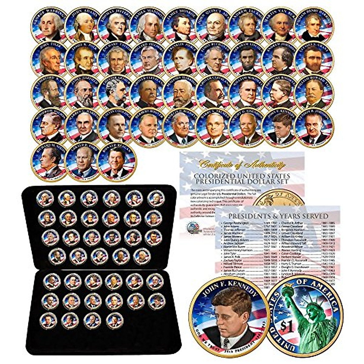 39 Coin Complete Set Presidential $1 US Dollar Fully Colorized 2-Sided with Box