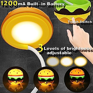 Cute Desk Lamp for Kids, Rechargeable Hamburger Small Desk Lamps with Adjustable Neck Dimmable Touch Switch, Nursery Night Lights, Kawaii Desk Accessories, Kawaii Room Decor for Boys Girls Gifts