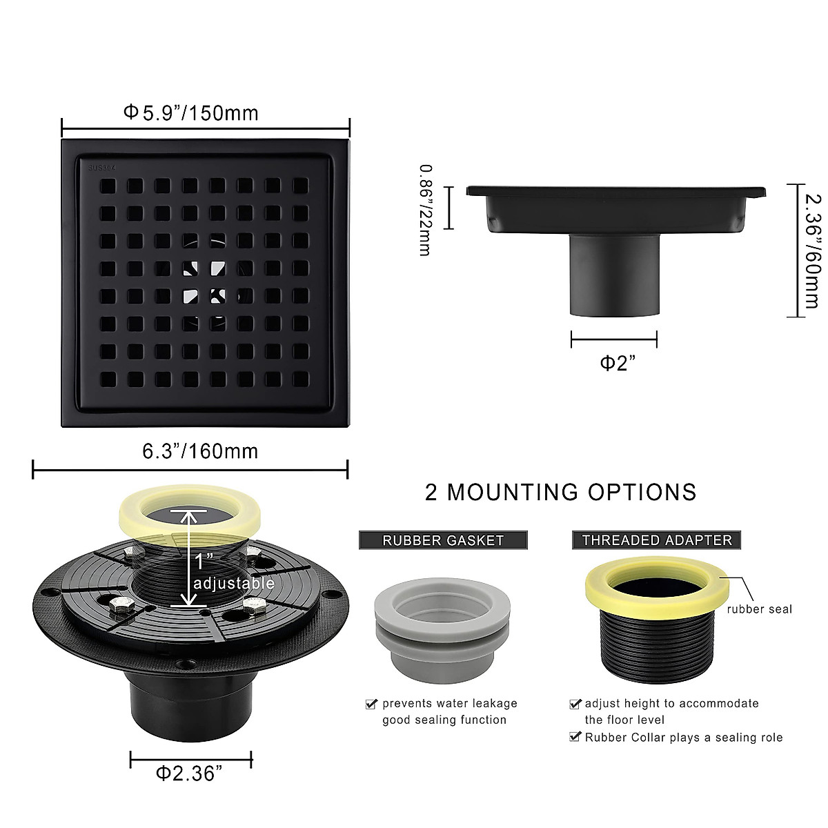 Orhemus 6 Inch Square Shower Drain with Adjustable Shower Drain Base Flange, SUS 304 Stainless Steel Floor Drain with Removable Cover Grid Grate, Matte Black