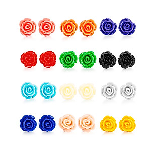 LOYALLOOK 12 Pairs Assorted Colors Resin Rose Flower Earring Studs Set Stainless Steel Post,Nickel-free 10MM