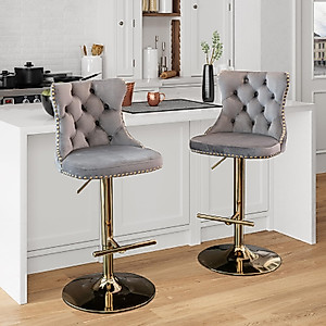 Aoowow Swivel Bar Stools Set of 4,Adjustable Barstools with Back Velvet Tufted Counter Stools Modern Upholstered Bar Chairs with Nailhead for Kitchen Island Restaurant Pub Counter