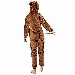 EJsoyo Onesie Adult Reindeer Costume Dinosaur Sleepwear Animal Lion Mouse Cosplay Pajama Teens Halloween Costume (Large, Brown Mouse)