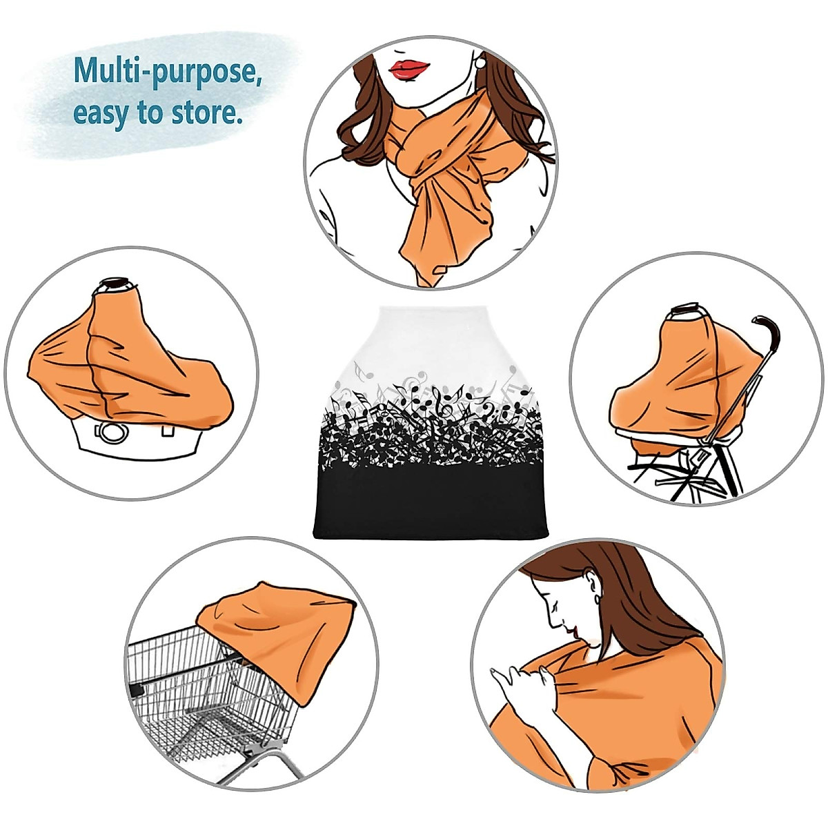 Stretchy Baby Car Seat Covers for Boys Girls Music Notes Infant Car Canopy Nursing Cover Breastfeeding Scarf