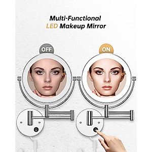 Gospire 8.5" Wall Mounted Lighted Magnifying Mirror, 1X/10X Double-Sided Magnification Round LED Cosmetic Vanity Bathroom Mirror Extendable Arm 360° Swivel for Shaving Makeup