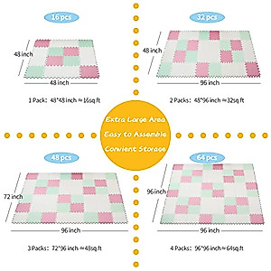 Tamiplay 16 Tiles Foam Play Mat, 0.4 Inch Thicked Interlocking Floor Mats with Solid Colors, Squares Baby Play Mat, EVA Foam Puzzle Floor Mat Foam Mats for Kids, Baby, Toddlers(White/Pink/Bean Green)