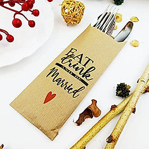 Eat Drink and Be Married Paper Silverware Bags - Utensil Holders For Wedding Rehearsal Dinner or Engagement Barbeque - Silverware Holder Bag - Pocket Sleeves - Flat 2.8" x 7.5" - Pack of 50