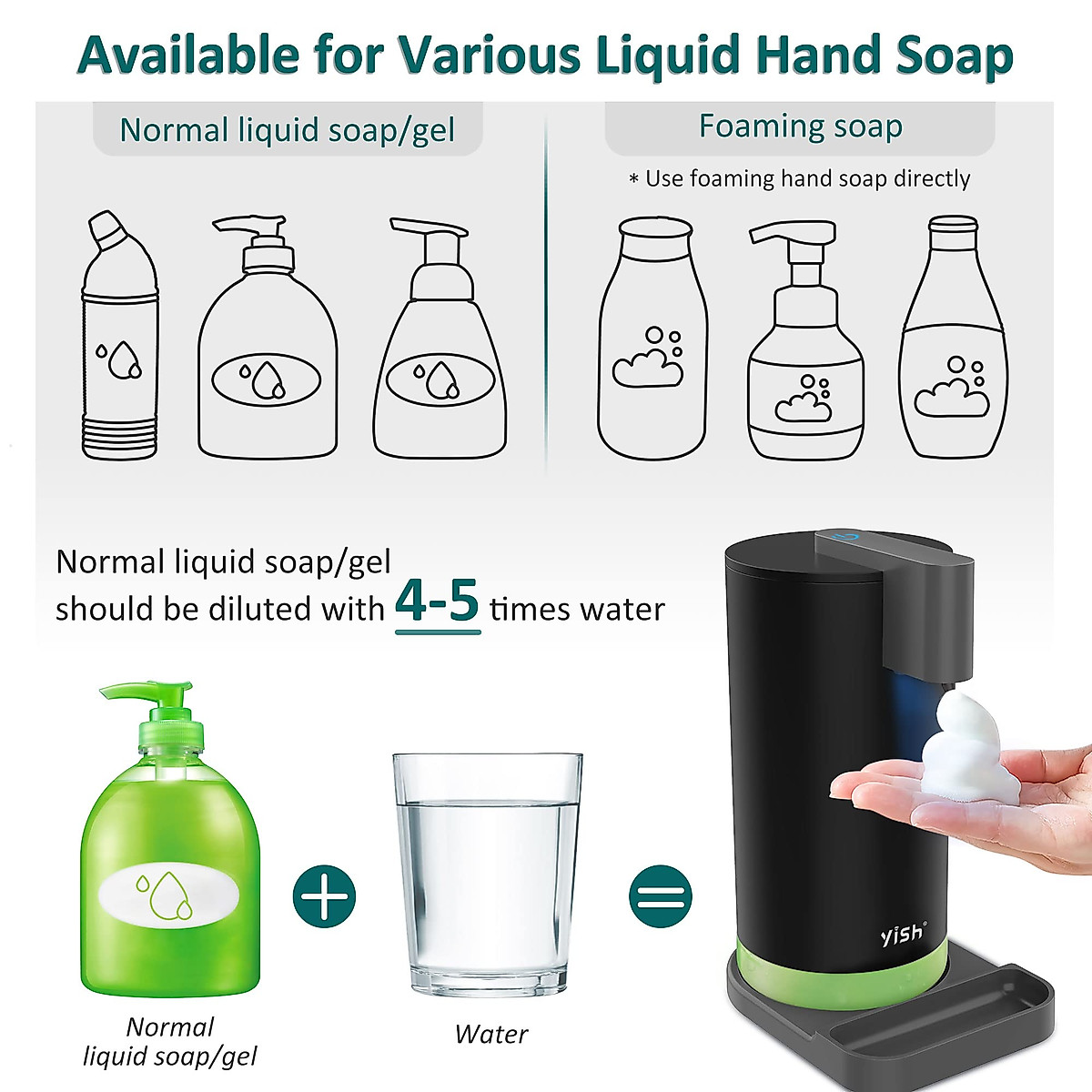 Touchless Automatic Foaming Soap Dispenser: YISH Bathroom Countertop Soap Dispenser Black Electric Hand-Free Soap Foam Soap Dispenser for Kitchen, 2.93×2.93×6.35 inches, Y180