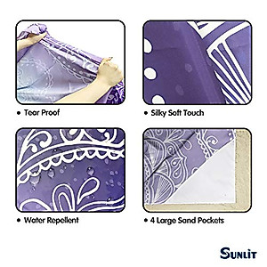 Sunlit Silky Soft 106"x81" Boho Sand Proof Beach Blanket Sand Proof Mat with Corner Pockets and Mesh Bag for Beach Party, Travel, Camping and Outdoor Music Festival, Blue Purple Mandala